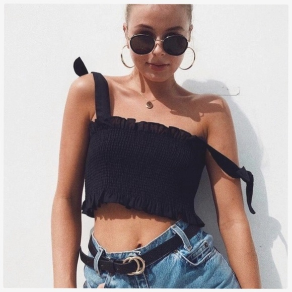 Tops | Black Smocked Crop Top | Poshmark